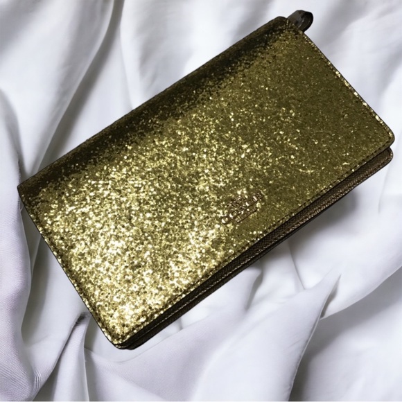 Coach | Bags | New Coach Gold Glitter Clutch Foldover Crossbody Mini ...